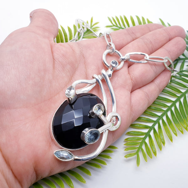 One-Off Onyx and Aquamarine Sterling Silver Nyx Necklace 18"-19 ...