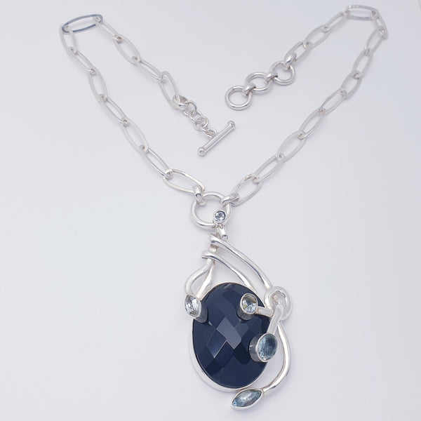 One-Off Onyx and Aquamarine Sterling Silver Nyx Necklace 18"-19 ...